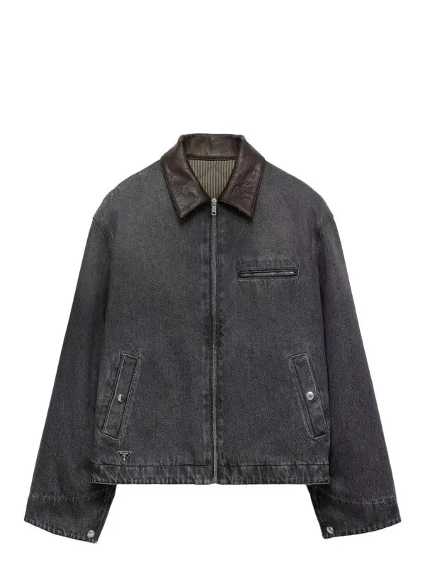 Prada Black Denim Blouson Jacket With Leather Collar - Grey
