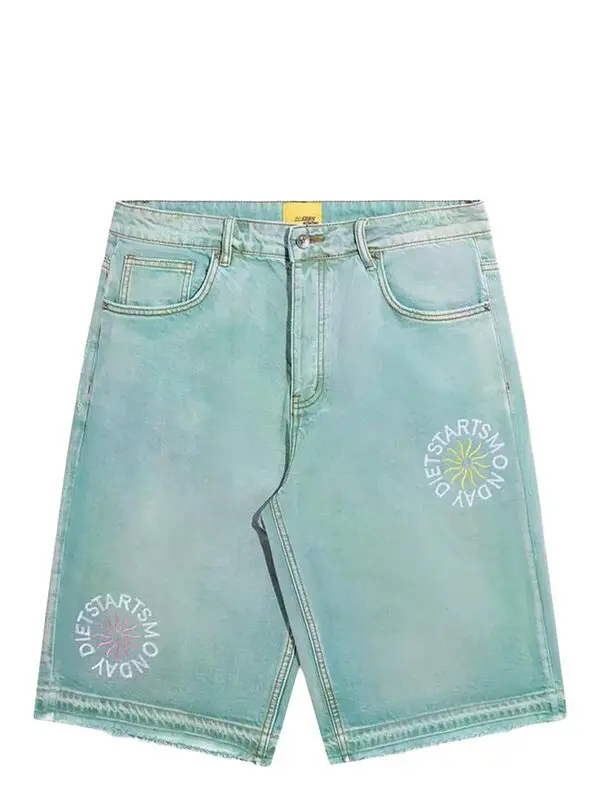 DIET STARTS MONDAY Graphic Print Acid Wash Denim Shorts - Blue