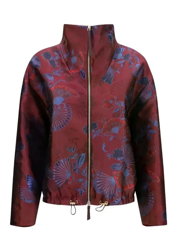 Giorgio Armani Floral Jacquard Funnel-neck Coat - Red