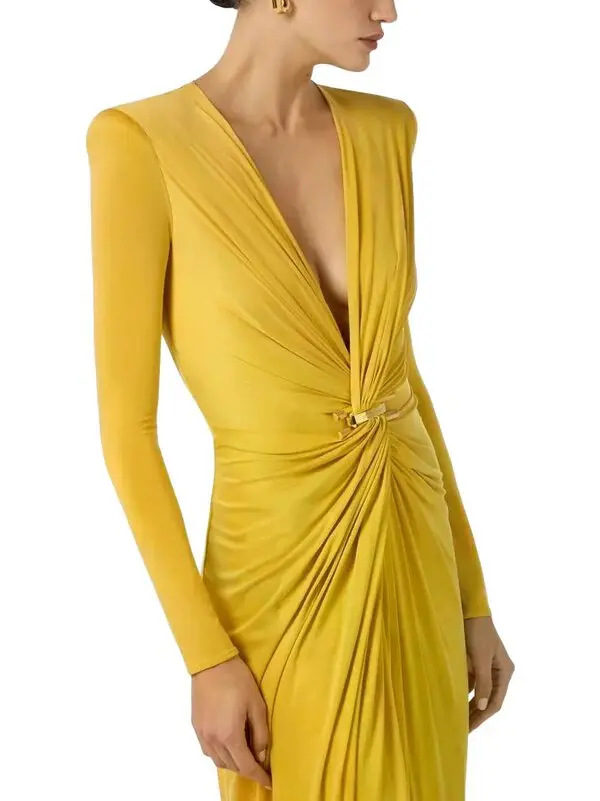 Elisabetta Franchi Cupro Jersey Maxi Dress With Jewel Embellishment - Yellow