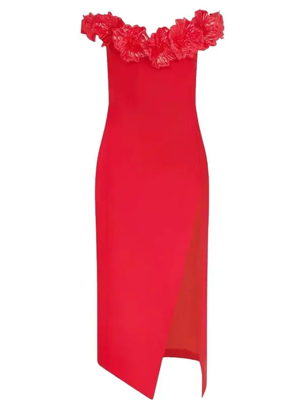 David Koma 3d Floral Applique Off-shoulder Midi Dress - Red