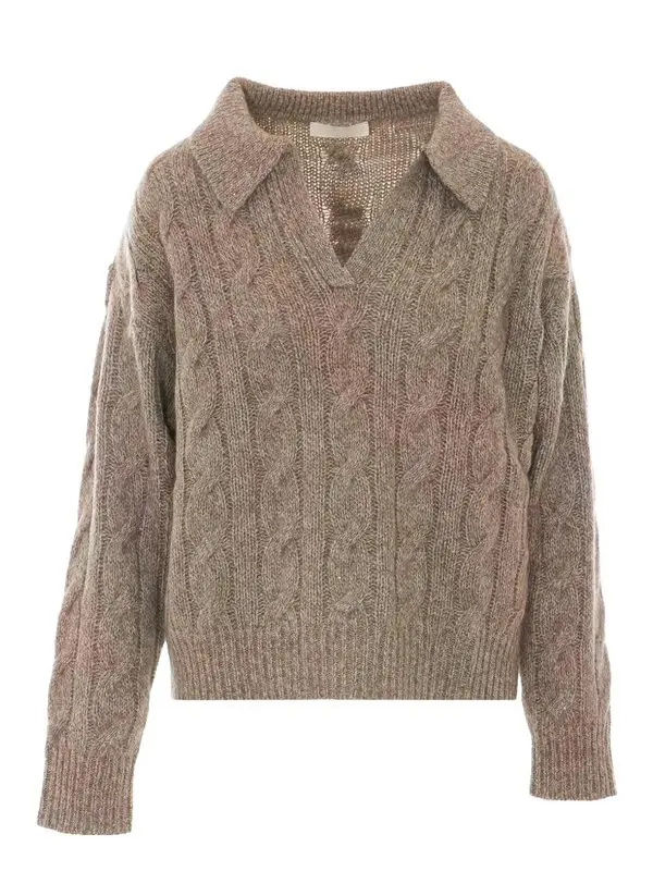 ELEH Sequin-embellished Cable-knit Polo Sweater - Brown