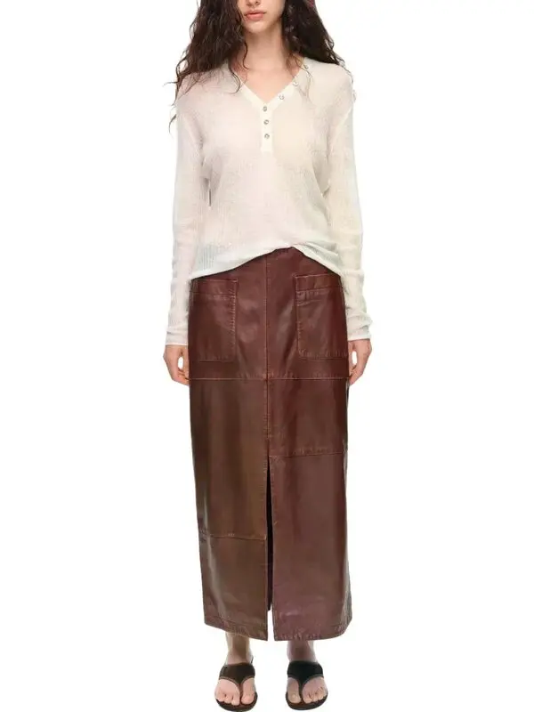 Bimba Y Lola Washed Leather Midi Skirt With Cutouts - Brown