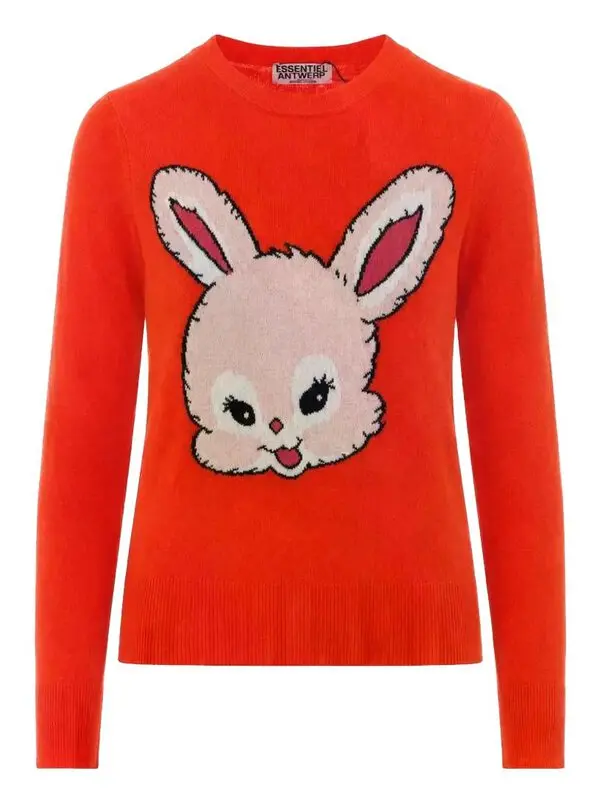 Essentiel Antwerp Embroidered Rabbit Motif Crew Neck Sweater - Red