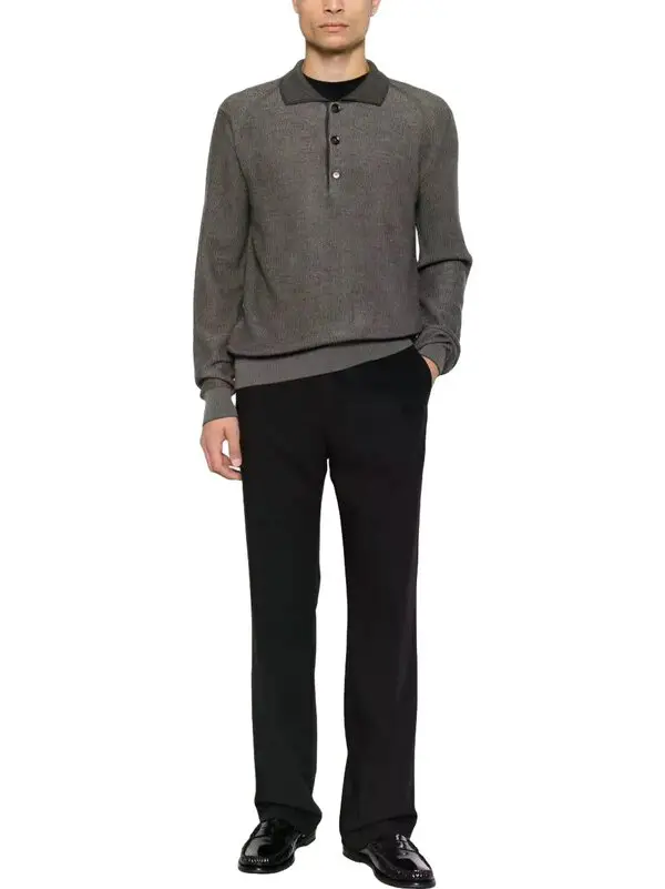 Brioni Ribbed Knit Long Sleeve Polo Sweater - Grey