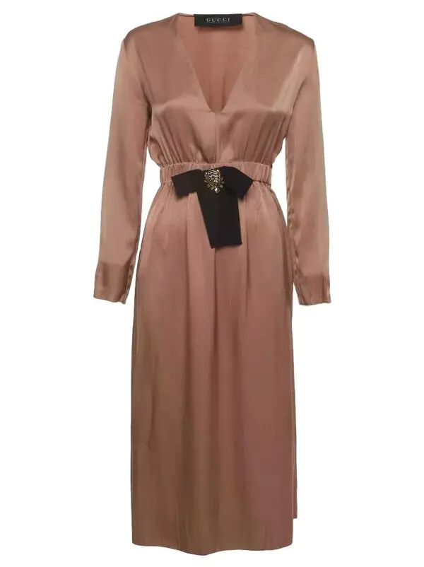 Gucci V-neck Midi Dress With Bow Detail - Brown
