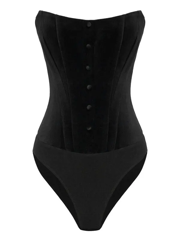 POST MERIDIEM Velvet Bodysuit With Embossed Corset - Black