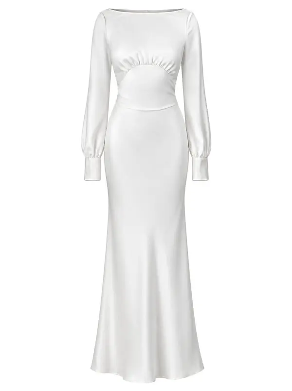 AISL Satin Gathered Waist Maxi Dress - White