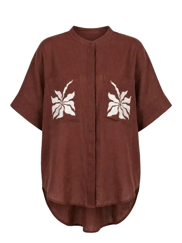PALM COLLECTIVE Cotton Voile Embroidered Blouse - Brown