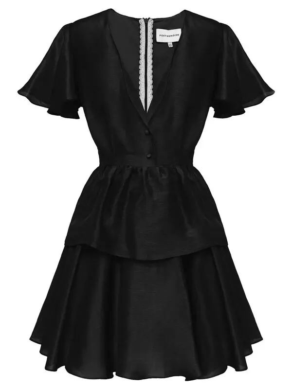 POST MERIDIEM Mini Dress With Peplum And Ruffle Sleeves - Black