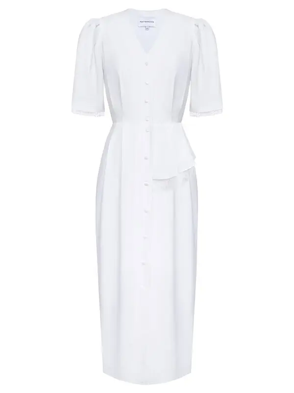 POST MERIDIEM Lace Trimmed Button Front Midi Dress With Belt - White