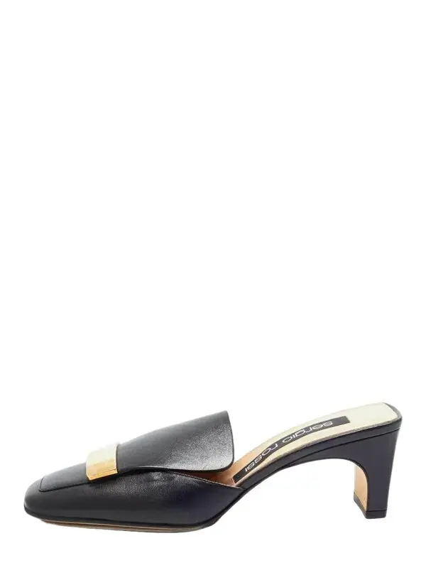 SERGIO ROSSI Leather Square Toe Mules With Gold-tone Logo Plaque - Black