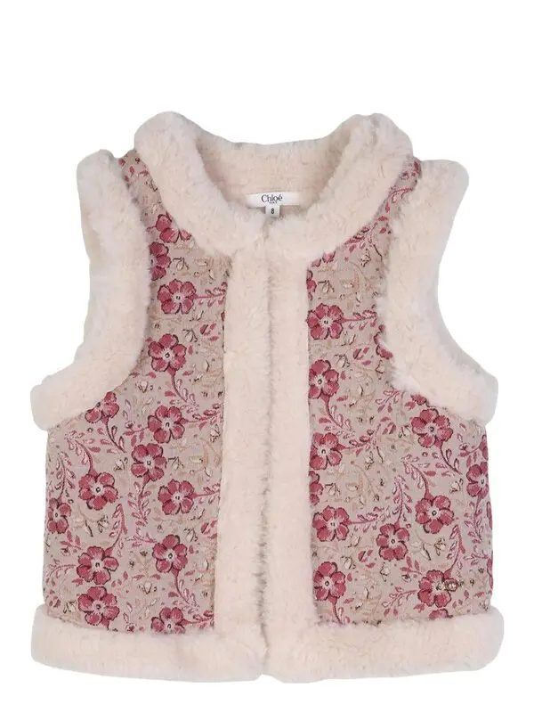 Chloé Floral Jacquard Faux Fur Trimmed Sleeveless Jacket - Nude