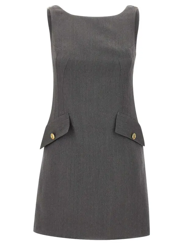 Elisabetta Franchi Sleeveless Mini Dress With Metallic Hardware And Pockets - Grey