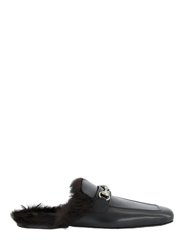 Gucci Leather Loafer Mules With Fur Trim - Black