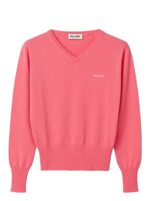 Miu Miu Cashmere V-neck Sweater With Intarsia Logo - Pink
