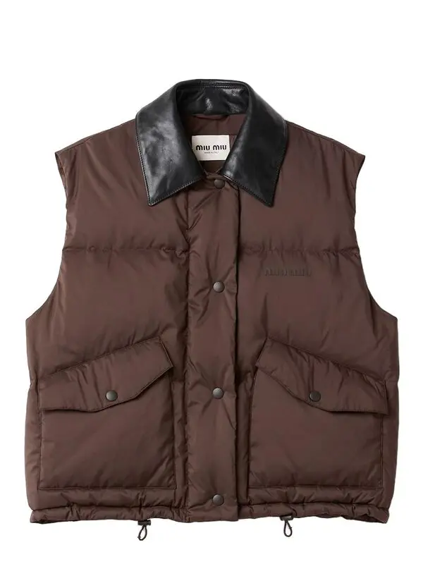 Miu Miu Padded Technical Pongé Down Vest With Leather Collar - Ebony