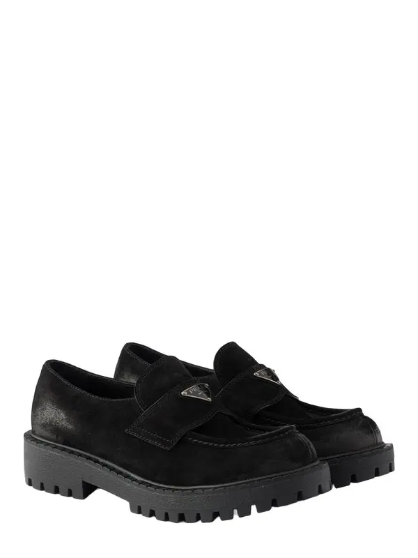 Prada Aged Suede Loafers With Enameled Triangle Logo - Black