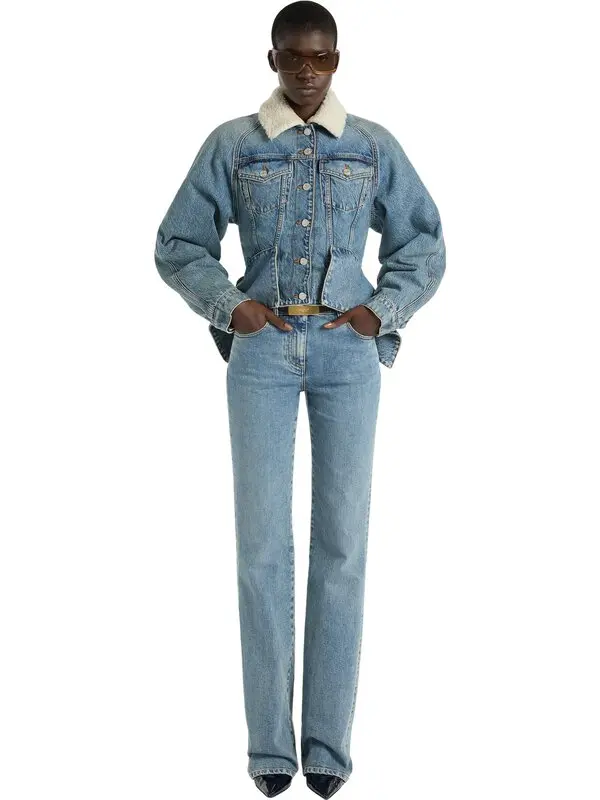 Balmain Denim Signature Jacket With Shearling Collar - Blue