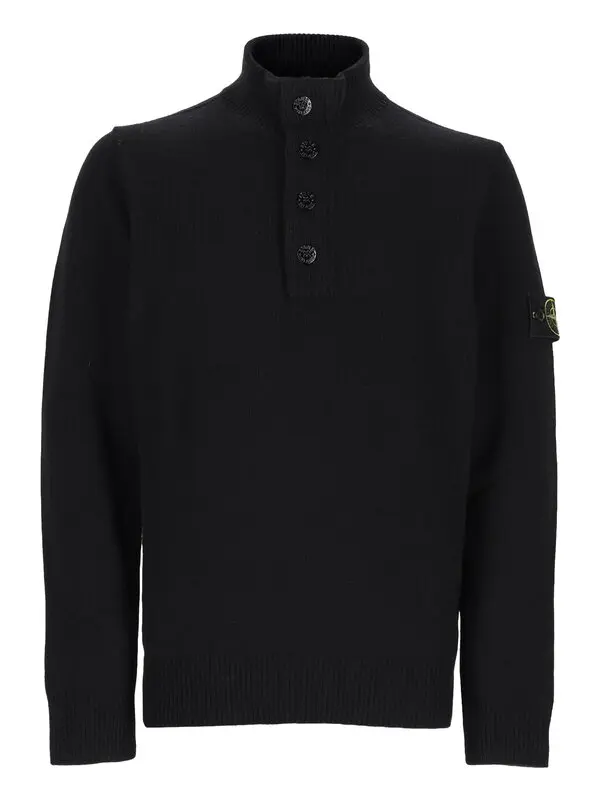 Stone Island Maglia Con Bottoni E Patch Logo - Black