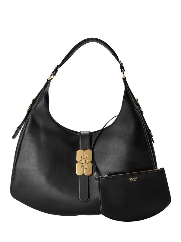 GANNI Large Shoulder Bag With Gold Tone Clasp - Black