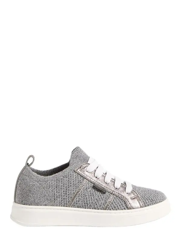 Brunello Cucinelli Virgin Wool, Cashmere, And Silk Knit Sneakers With Lamé Leather And Monili Embellishments - Medium Gray