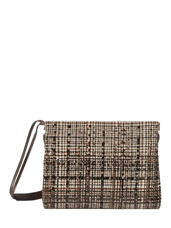 Brunello Cucinelli Water-resistant Checked Alpaca And Wool Pouch Bag With Dazzling-degradé Embroidery - Brown
