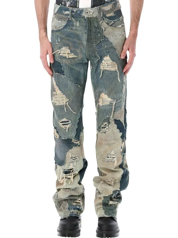 WHO DECIDES WAR Straight-leg Distressed Patchwork Jeans - Denim