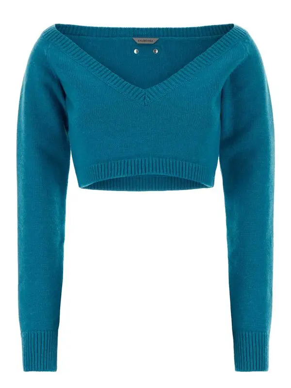 Balenciaga Cropped Stretch Wool-blend V-neck Sweater - Light Blue