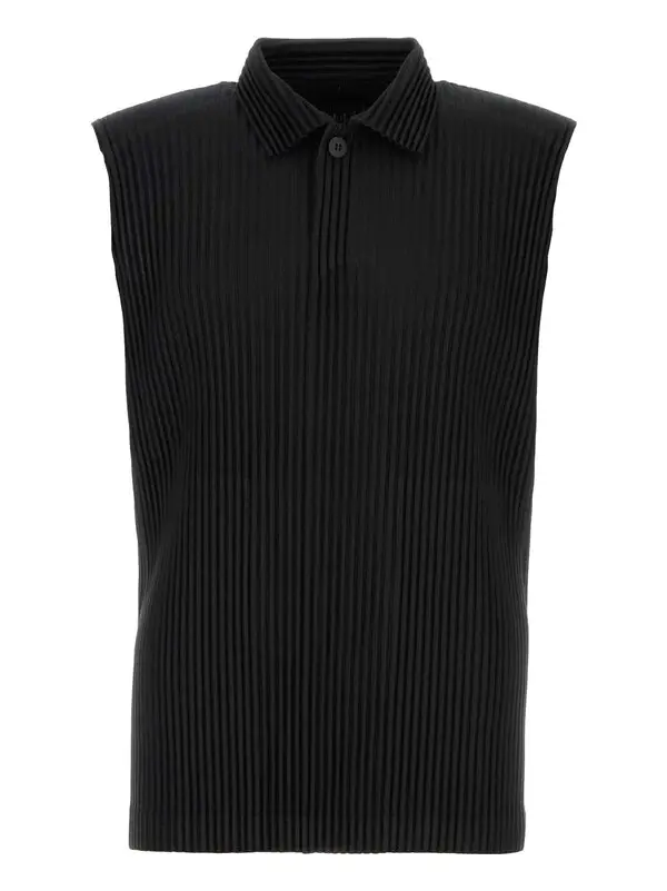 Issey Miyake Homme Plissé Sleeveless Pleated Polo Top - Black
