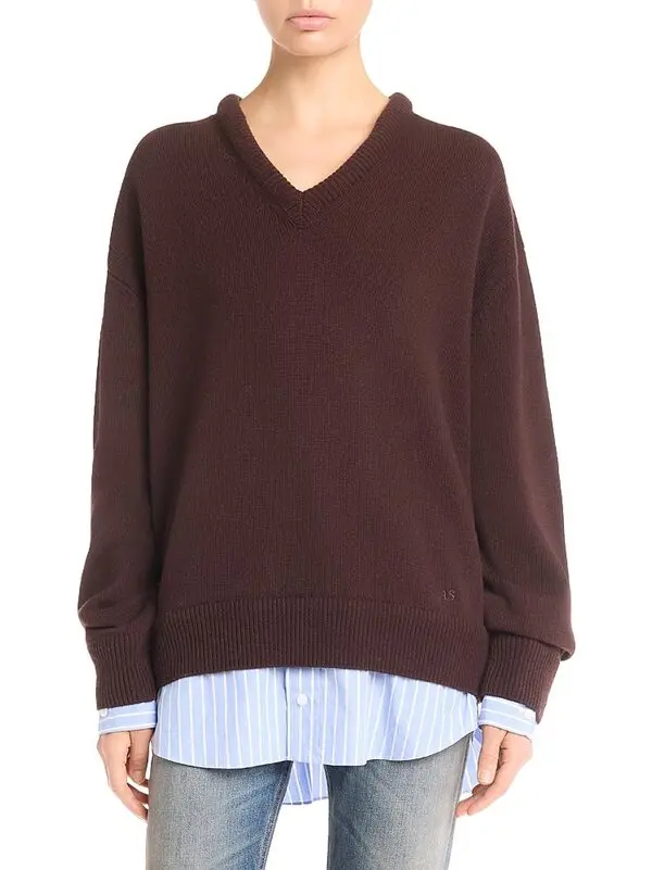 Acne Studios Layered Look Wool Sweater With Leather Elbow Patches - Dark Brown