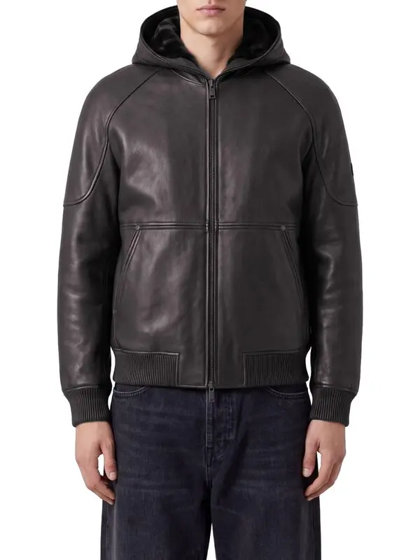 Moose Knuckles Leather Bomber Jacket With Hood - Black