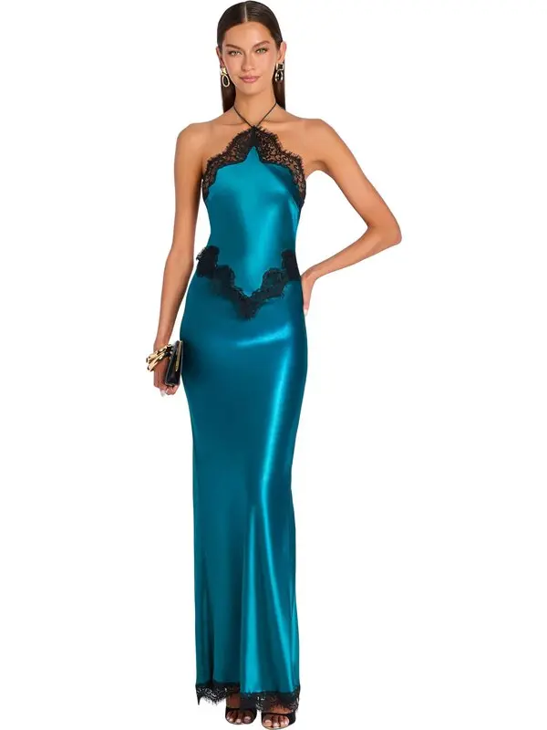 Retrofete Everly Lace Trim Halterneck Gown - Sarcelle/black