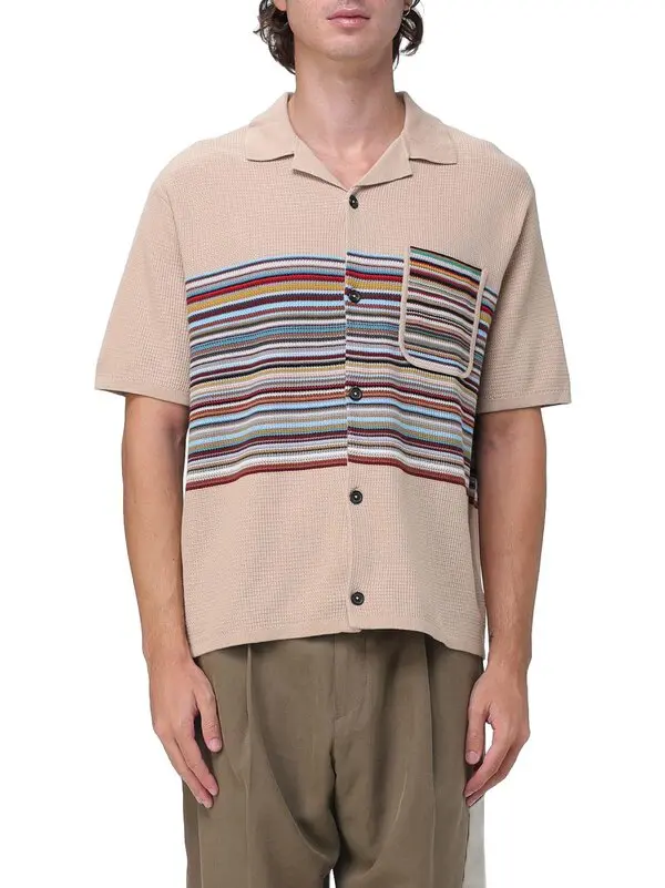 Paul Smith Striped Cotton Short-sleeve Cardigan With Cuban Collar - Burnt