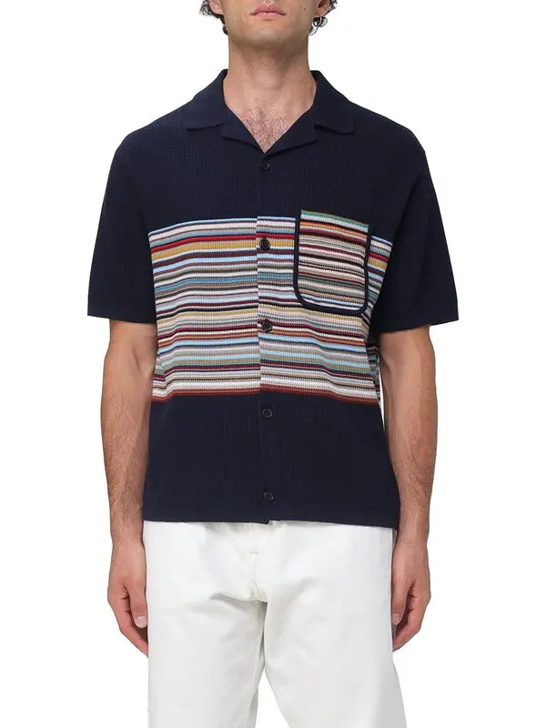 Paul Smith Striped Cotton Short-sleeve Cardigan With Cuban Collar - Navy