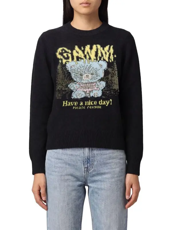 GANNI Teddy Bear Graphic Knit Sweater - Black