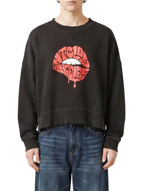 HTC LOS ANGELES Relaxed Fit Graphic Print Cotton Sweatshirt - Black