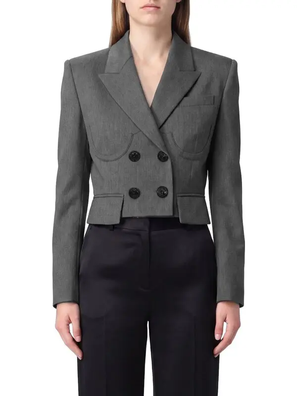 Elisabetta Franchi Cropped Double-breasted Blazer With Pleated Back - Grey