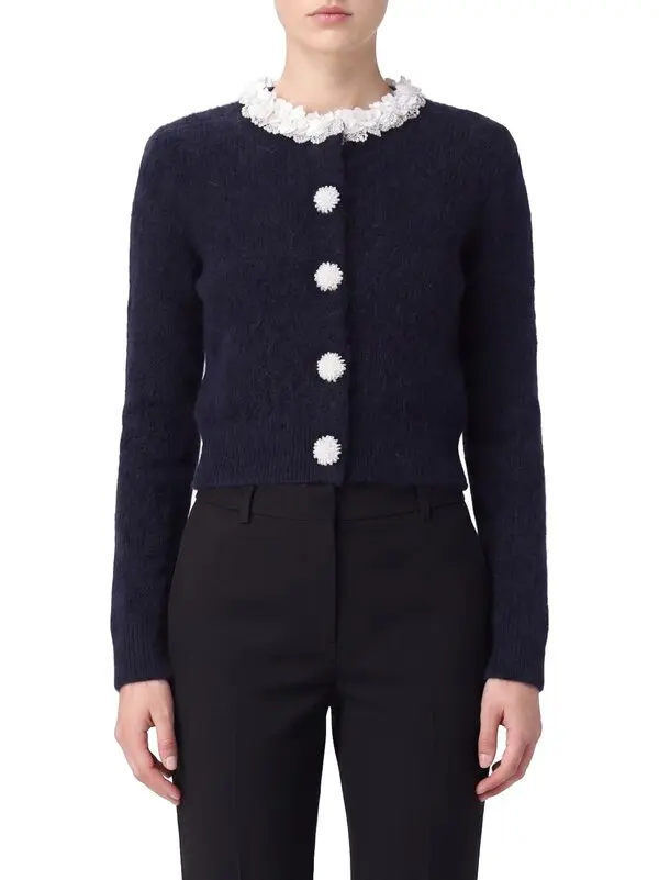 SELF-PORTRAIT Ruffled Alpaca-blend Cardigan With Jewel Buttons - Navy