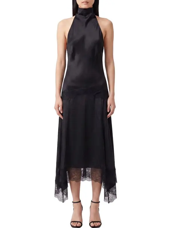 Andamane Halterneck Lace Trim Dress - Black