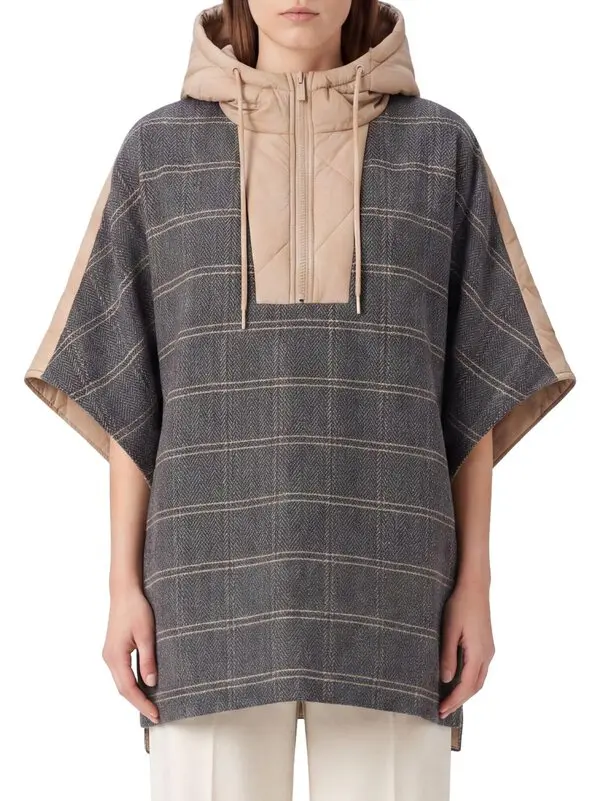 TWINSET Checked Poncho With Quilted Hood - Grey