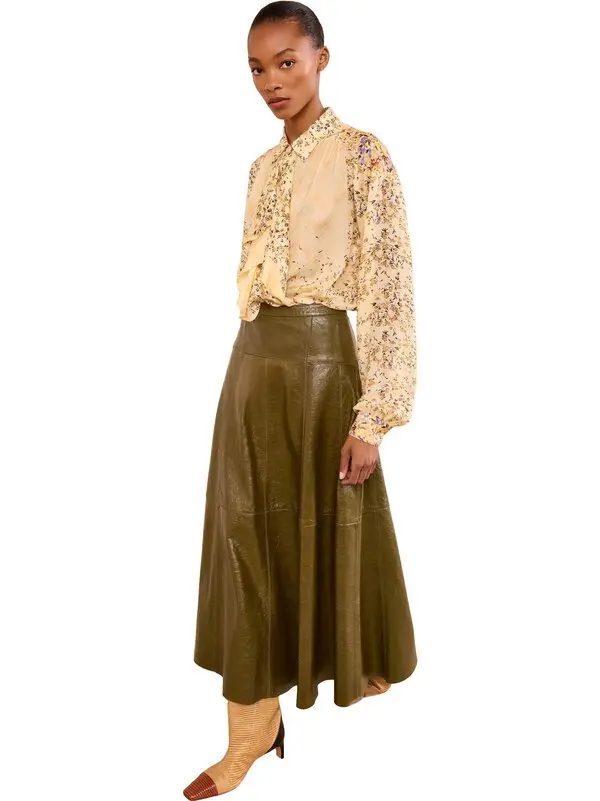 Ulla Johnson Aninda Paneled A-line Leather Midi Skirt - Lichen