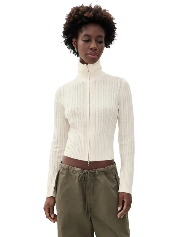 Good American The Cable Zip Up Cardigan - Chalk