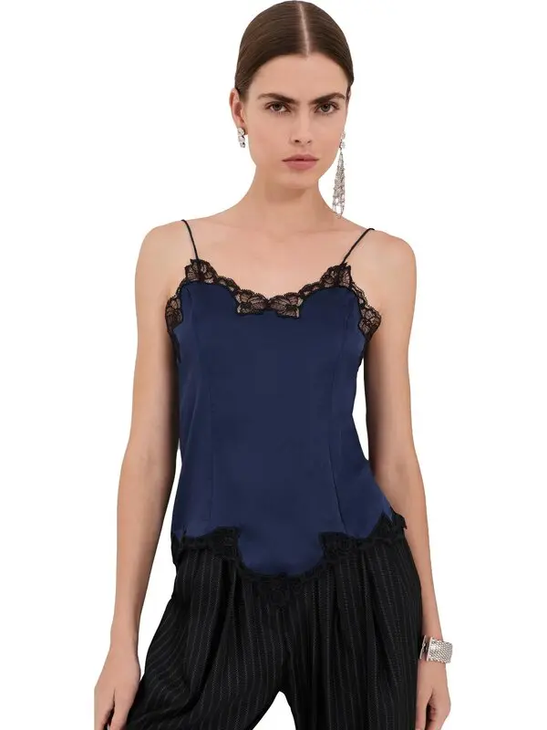 Isabel Marant Étoile Amael Silk Charmeuse Tank Top With Floral Lace Trim - Midnight
