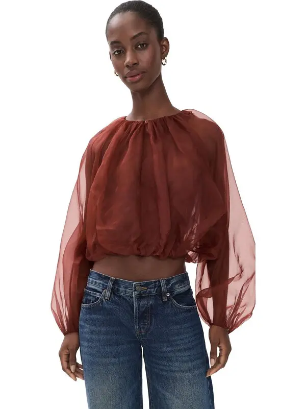 FRAME Sheer Silk Puff Sleeve Blouse - Paprika