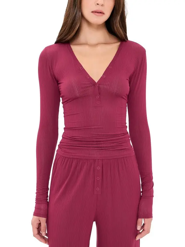 NEGATIVE Whipped Henley Long Sleeve Ribbed Jersey Top - Cassis