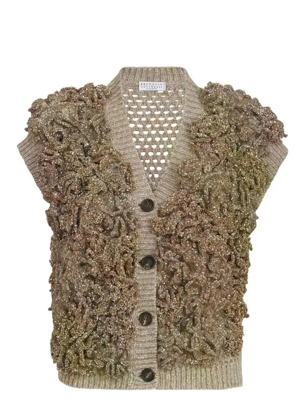 Brunello Cucinelli Dazzling Blossom Opera Knit Vest In Virgin Wool And Cashmere - Neutrals