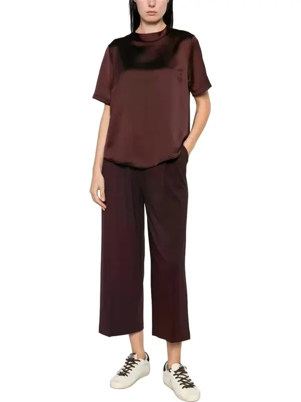 Imperial Bordeaux Red Satin Finish High Neck Short Sleeve Top - Brown