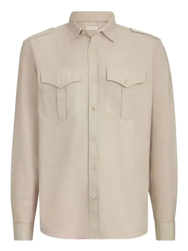 Brunello Cucinelli Garment-dyed Shirt In Cotton Chevron With Spread Collar, Epaulettes And Chest Pockets - Neutrals