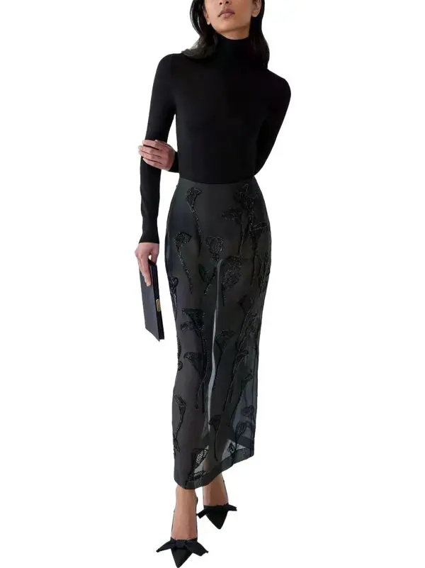 Carolina Herrera Embroidered Organza Midi Skirt - Black